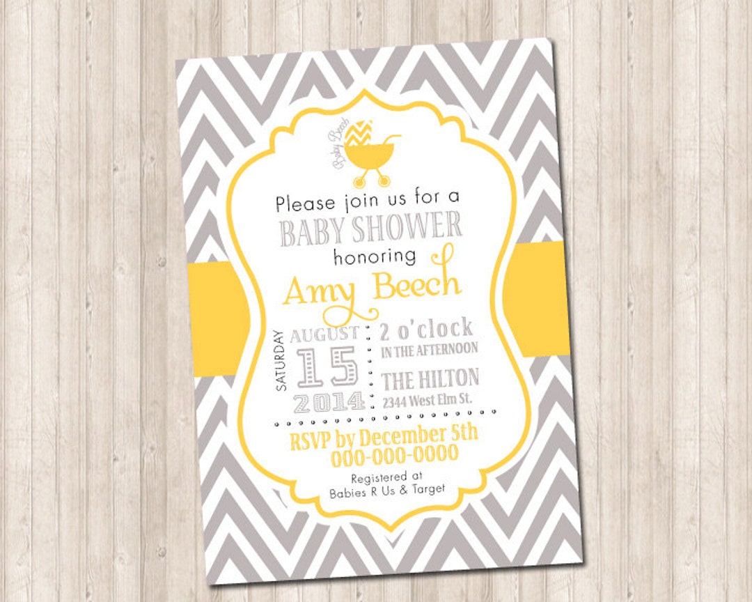 Custom Yellow & Gray Chevron Baby Shower Invitation With Carriage - Etsy