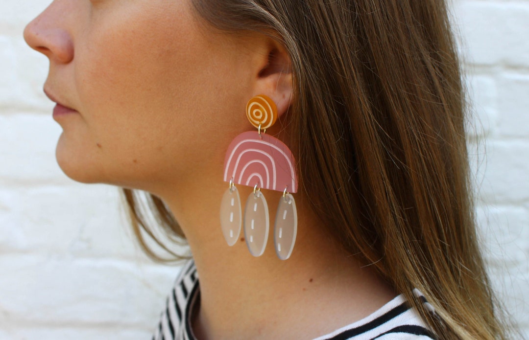 Pink and Yellow Statement Earrings - Acrylic Abstract Earrings - Dangly ...