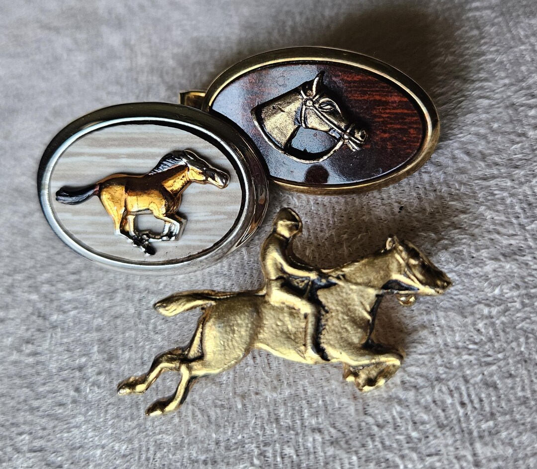 Vintage Horse Tie Clips & Jockey Pin Set: Gold Tone Equestrian Jewelry ...