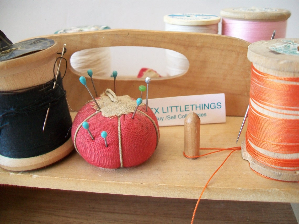 Wooden Sewing Kit Box Retro Pin Cushion Thread Needles Vintage | Etsy