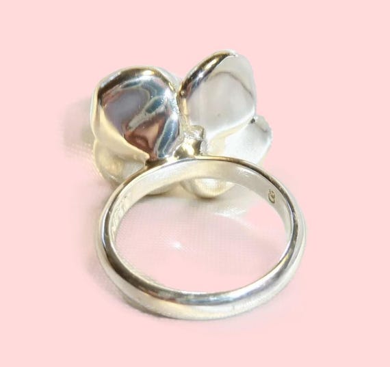 Vintage NRQ Silver Plated Flower Ring Lite Green Enam… - Gem