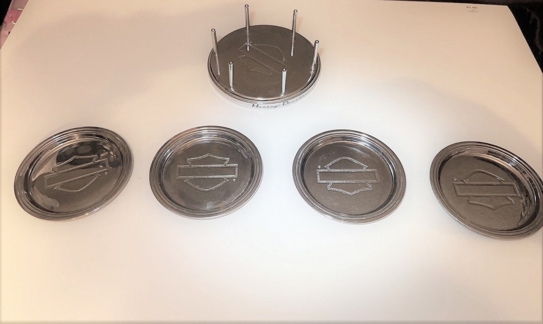 Vintage Harley-davidson Set 4 Metal Chrome Bar & Shield Coasters in ...