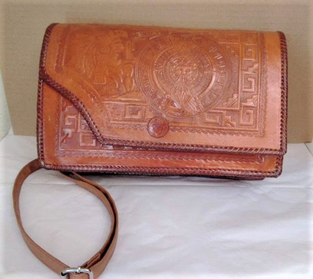 Vintage Mexican Aztec Maya Tooled Leather Hand Bag Purse Mesoamerica ...