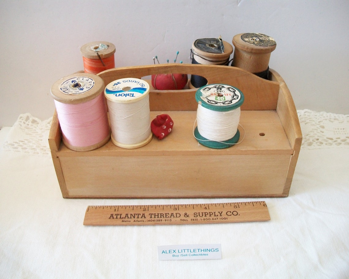 Wooden Sewing Kit Box Retro Pin Cushion Thread Needles Vintage | Etsy