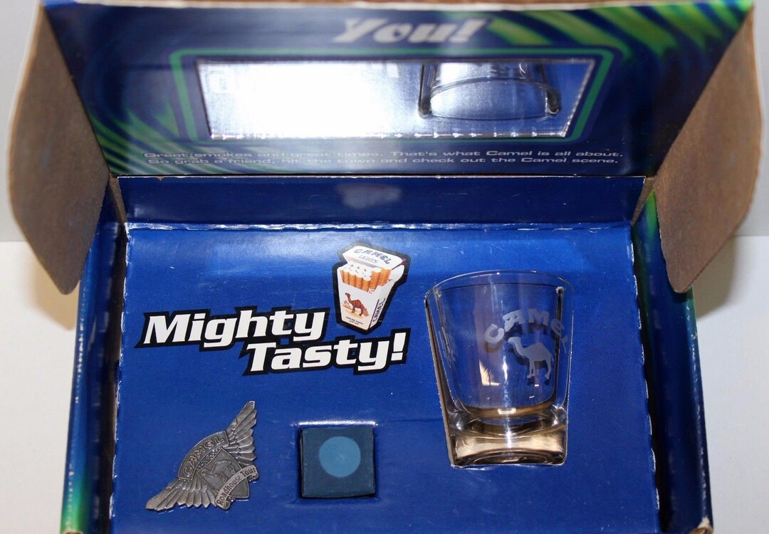 Vintage Camel Mighty Tasty Smokes Box Set Shot Glass Billiard Chalk ...