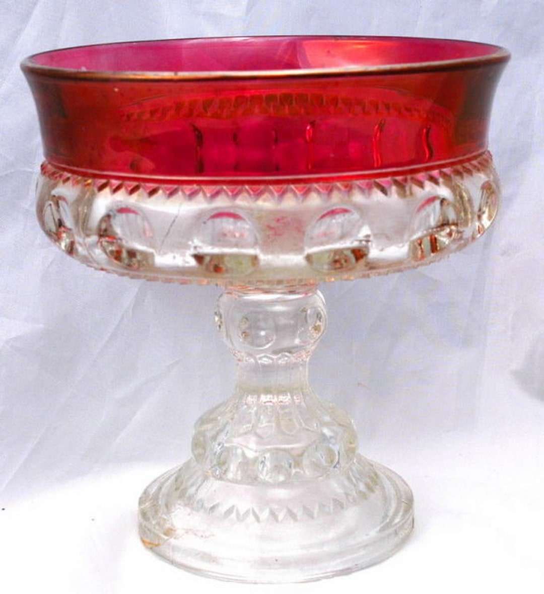 Vintage King's Crown Ruby Flash Thumbprint Pattern Compote Tiffin Glass ...