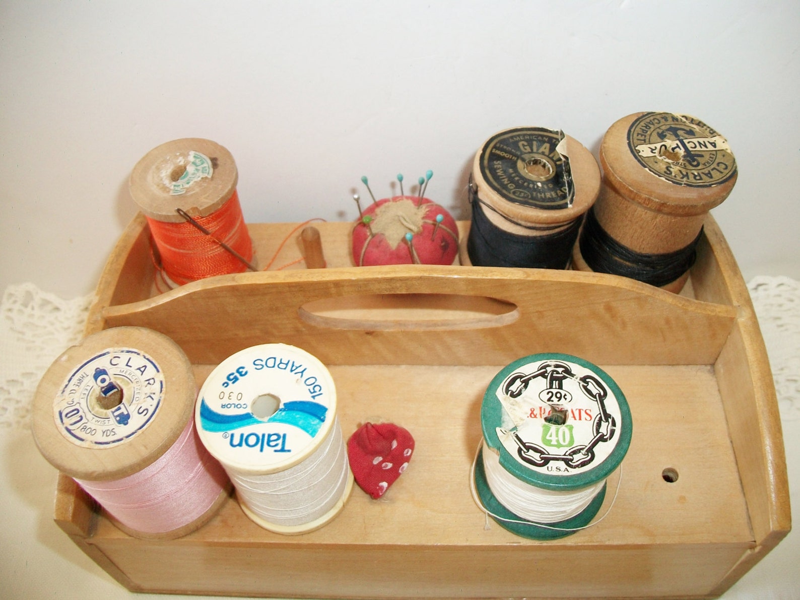 Wooden Sewing Kit Box Retro Pin Cushion Thread Needles Vintage | Etsy