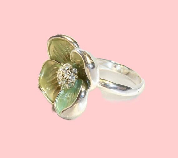 Vintage NRQ Silver Plated Flower Ring Lite Green Enam… - Gem