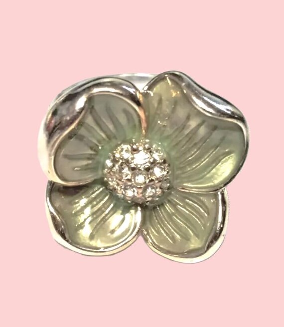 Vintage NRQ Silver Plated Flower Ring Lite Green Enam… - Gem