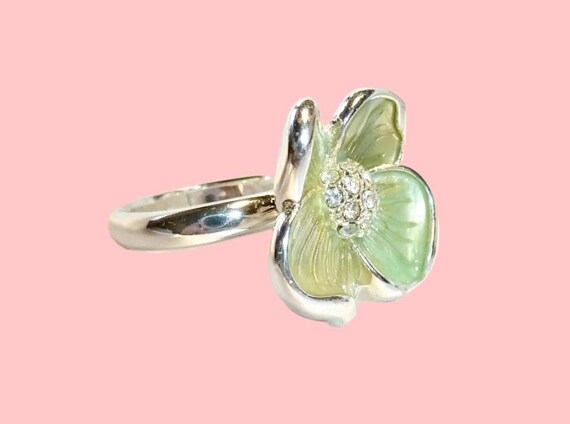 Vintage NRQ Silver Plated Flower Ring Lite Green Enam… - Gem