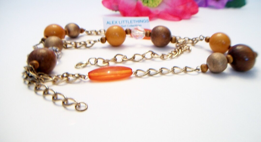 Vintage Autumn Wooden Bead Chain Necklace Boho Coachella Spicy Fall ...