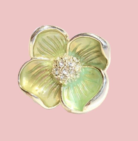 Vintage NRQ Silver Plated Flower Ring Lite Green Enam… - Gem