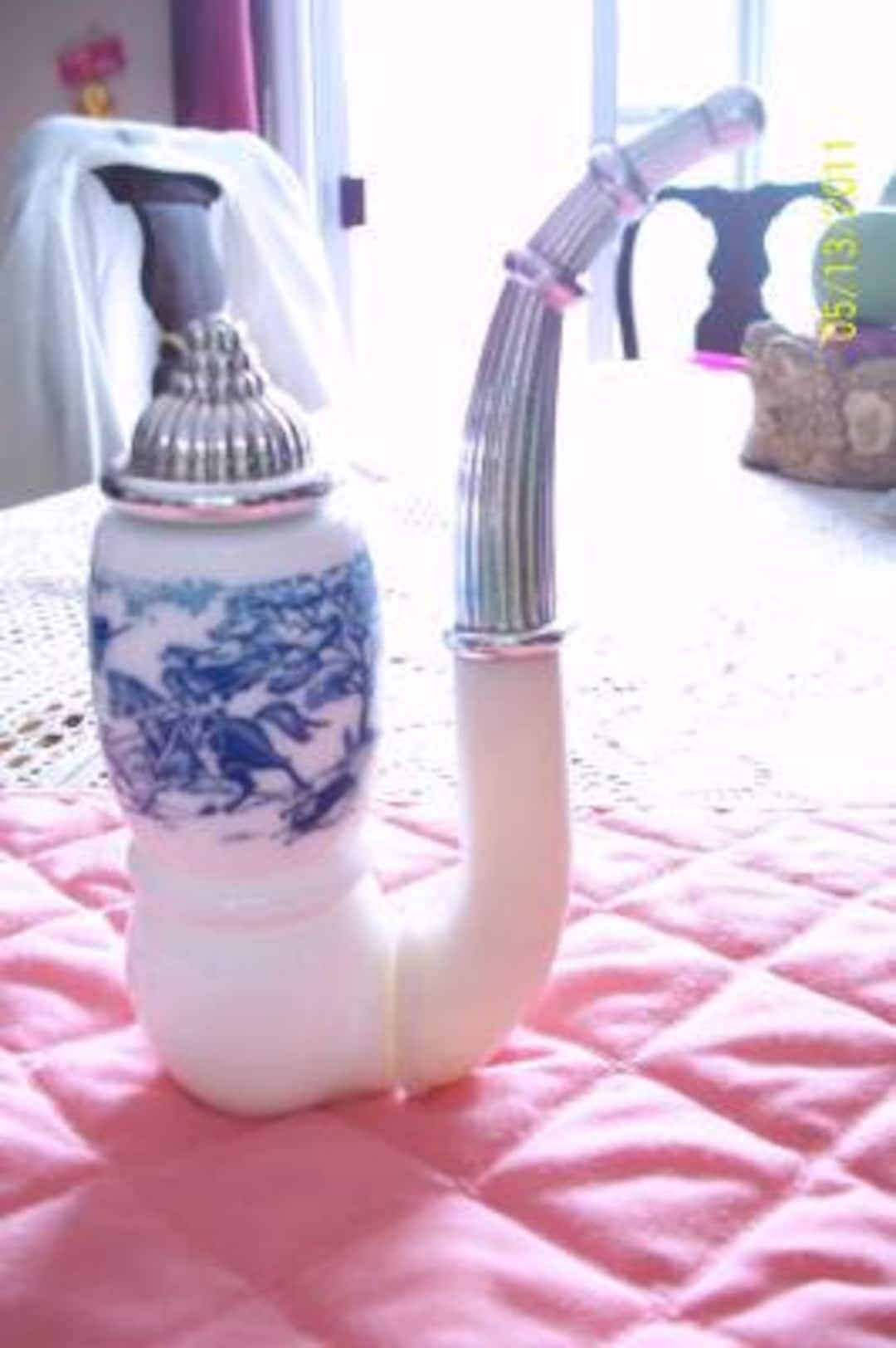 Rare Find Avon Pipe Decanter Bottle Hunting Scene Milk Glass Blue Men's ...