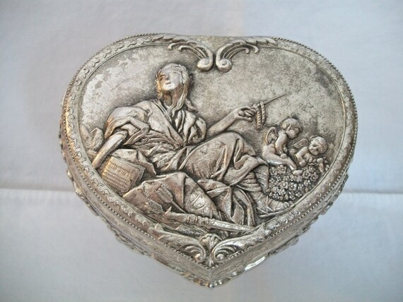 Cherub Heart Jewelry Trinket Box Vintage Lady Sword C… - Gem