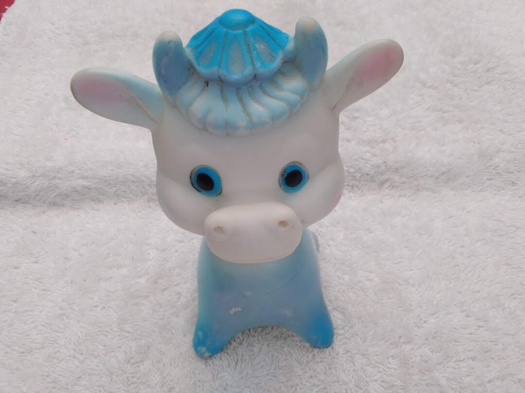 Vintage Squeaky Toy Cow Bull the First Toy Years USA Blue White Cow ...