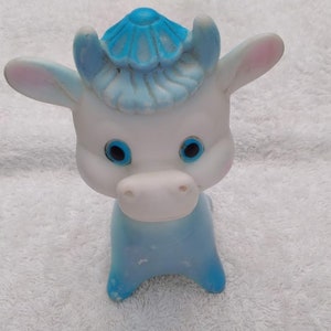 Vintage Squeaky Toy Cow Bull the First Toy Years USA Blue White Cow ...