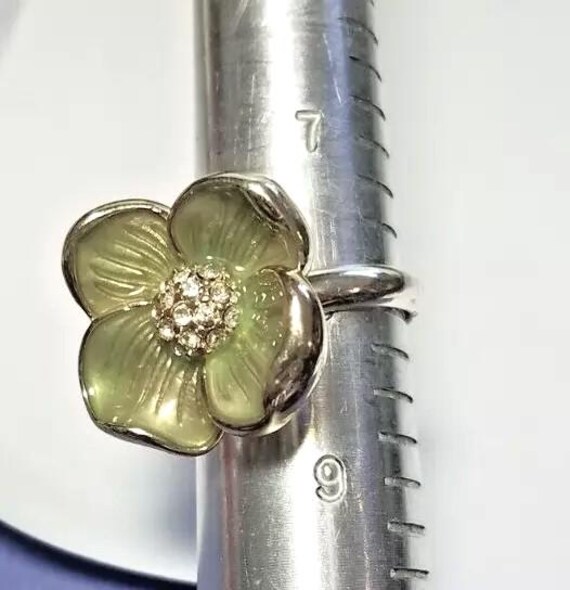 Vintage NRQ Silver Plated Flower Ring Lite Green Enam… - Gem