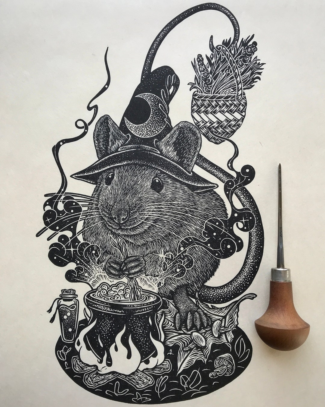 Woodland Wizard mouse Sorcerer Linocut Print - Etsy