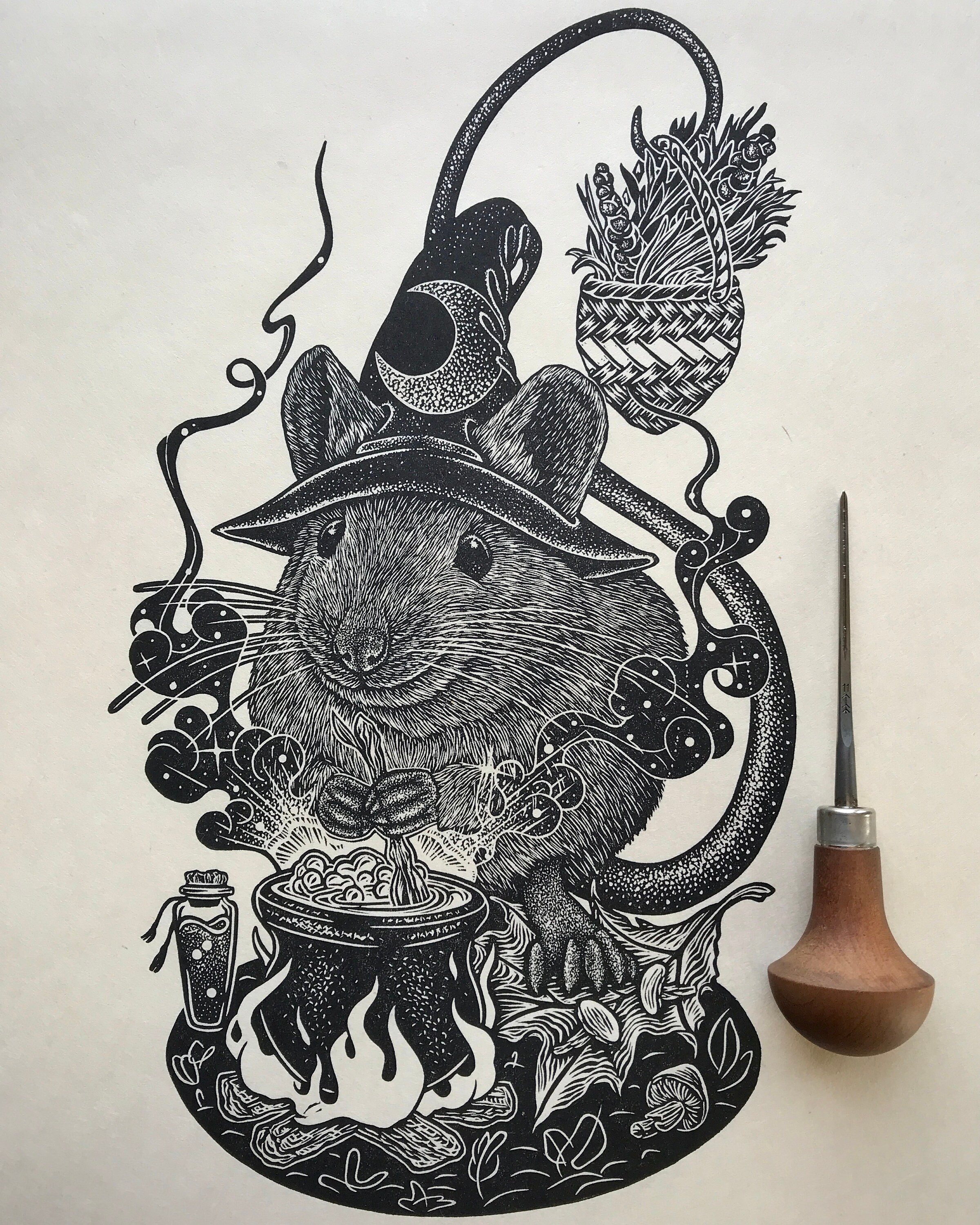 Woodland Wizard mouse Sorcerer Linocut Print - Etsy