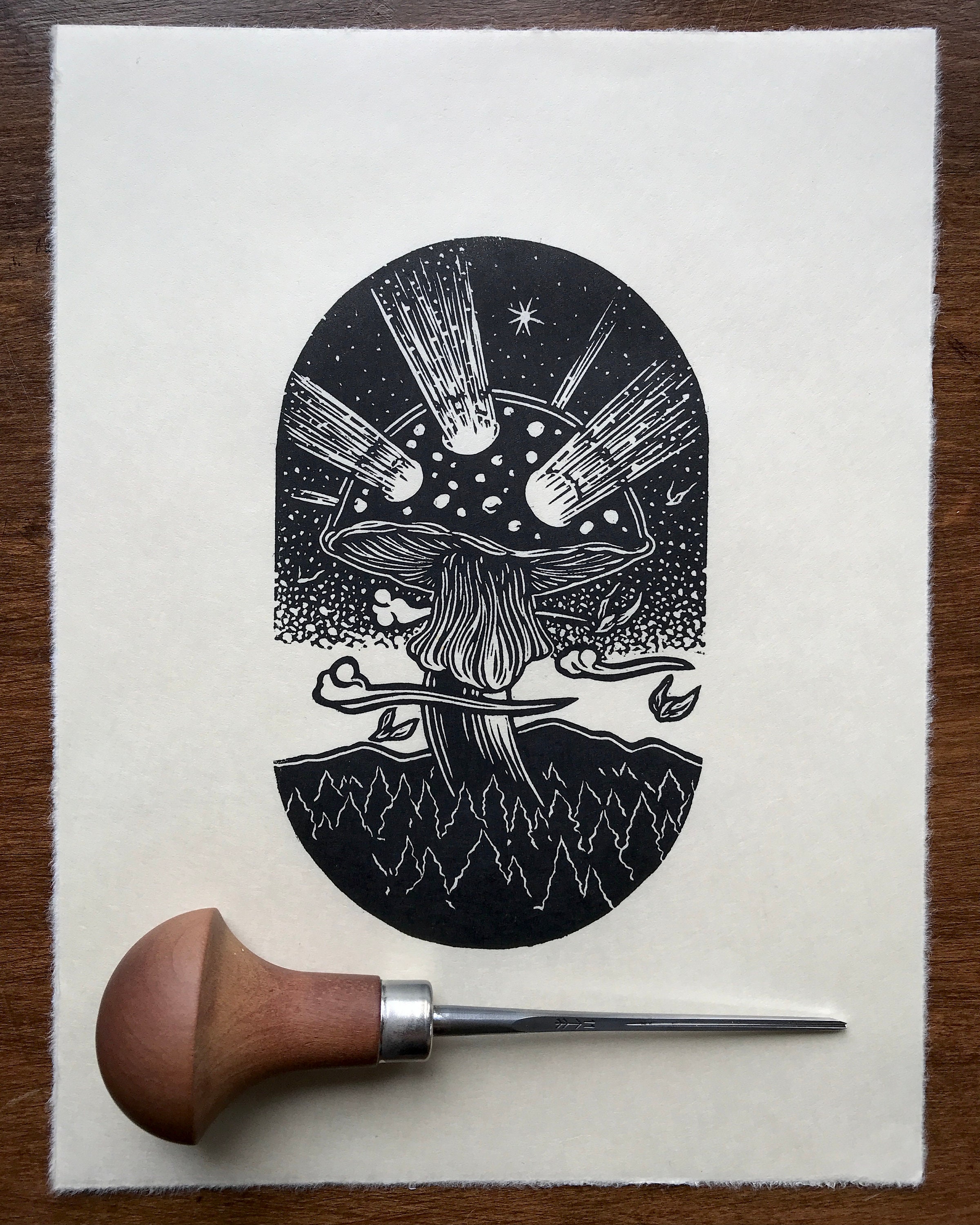 Giant Illuminating Mushroom beacon Linocut Print - Etsy