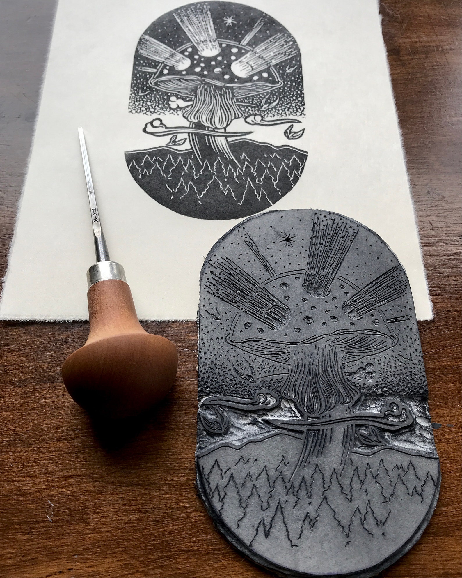 Giant Illuminating Mushroom beacon Linocut Print - Etsy