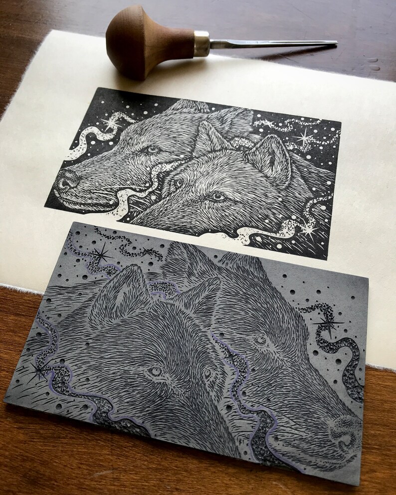 Cosmic Wolves mistical Linocut Print - Etsy