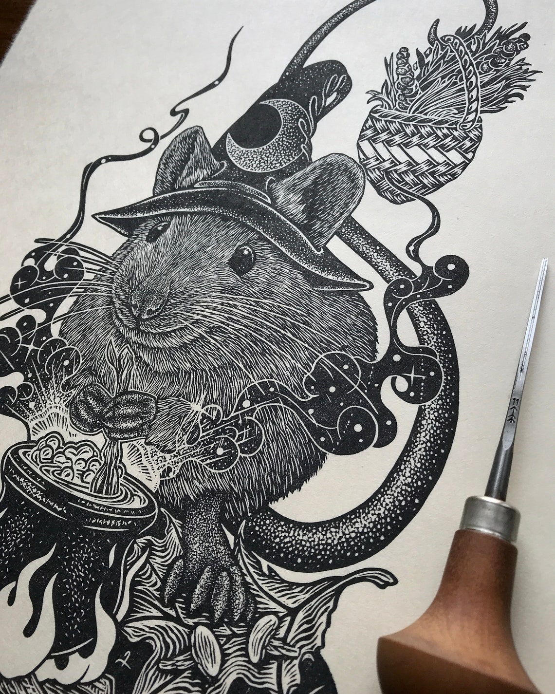 Woodland Wizard mouse Sorcerer Linocut Print - Etsy
