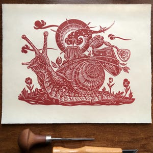 Snail ‘potion Runner’ Earthy Red Linocut Print / Magical Fantasy Wall ...