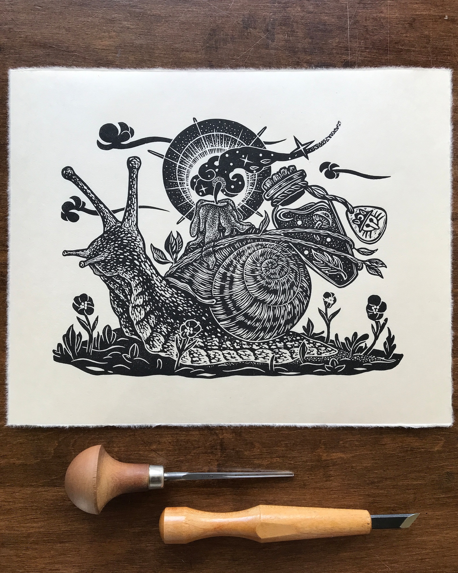 Snail ‘potion Runner’ Linocut Print / Imagination Storytelling Artwork ...