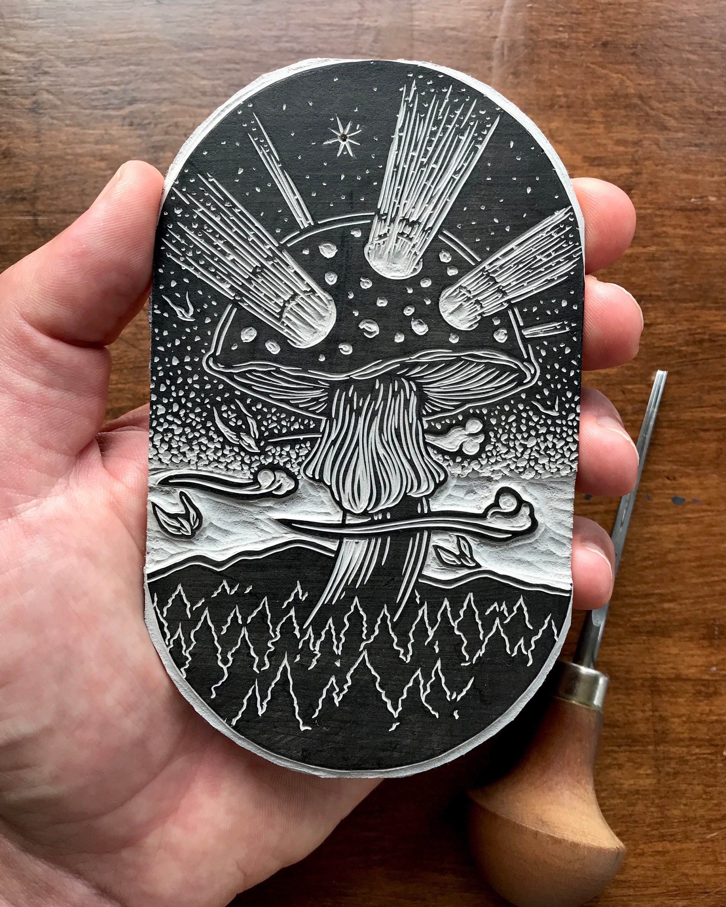 Giant Illuminating Mushroom beacon Linocut Print - Etsy