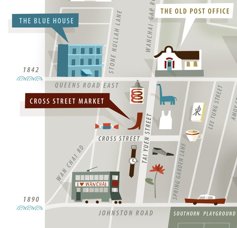Wan Chai Heritage Map Etsy Hong Kong 8035