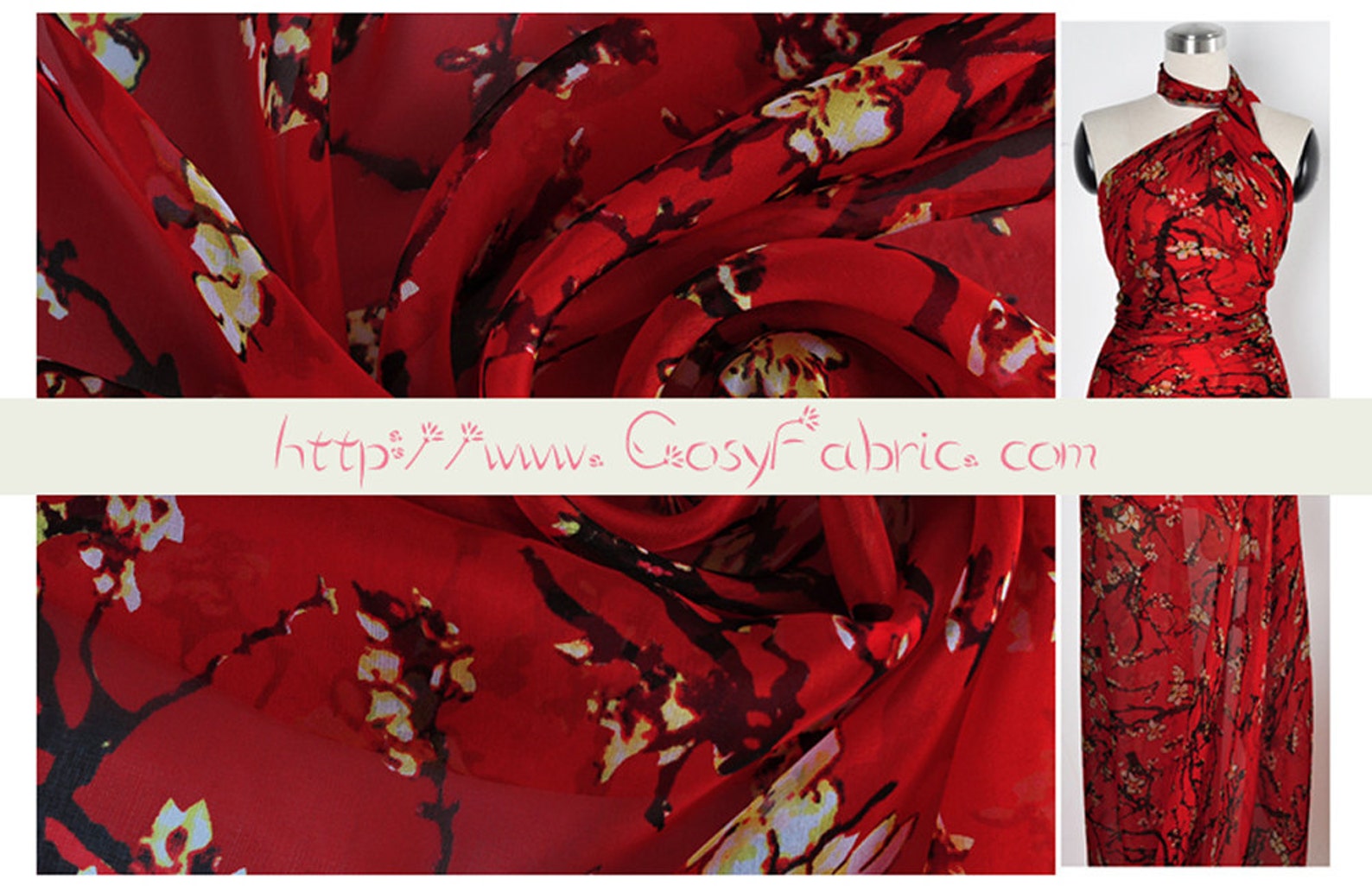 Small Floral Print Red Green 100% Silk Chiffon Fabric Width 53 Inch ...