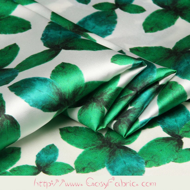 Green Leaf Leaves Print White Stretch Silk Satin Fabric for | Etsy