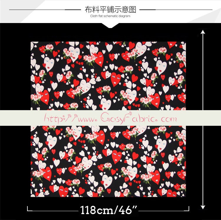 Love Heart Floral Print Red Black Stretch Silk Satin Fabric | Etsy