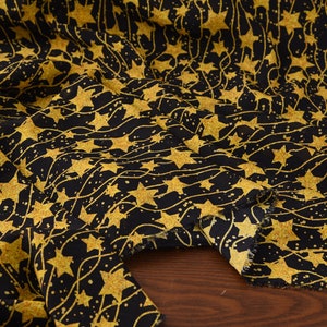 Yellow Stars Print 100% Pure Silk Fabric Black Crepe De Chine Fabrics ...