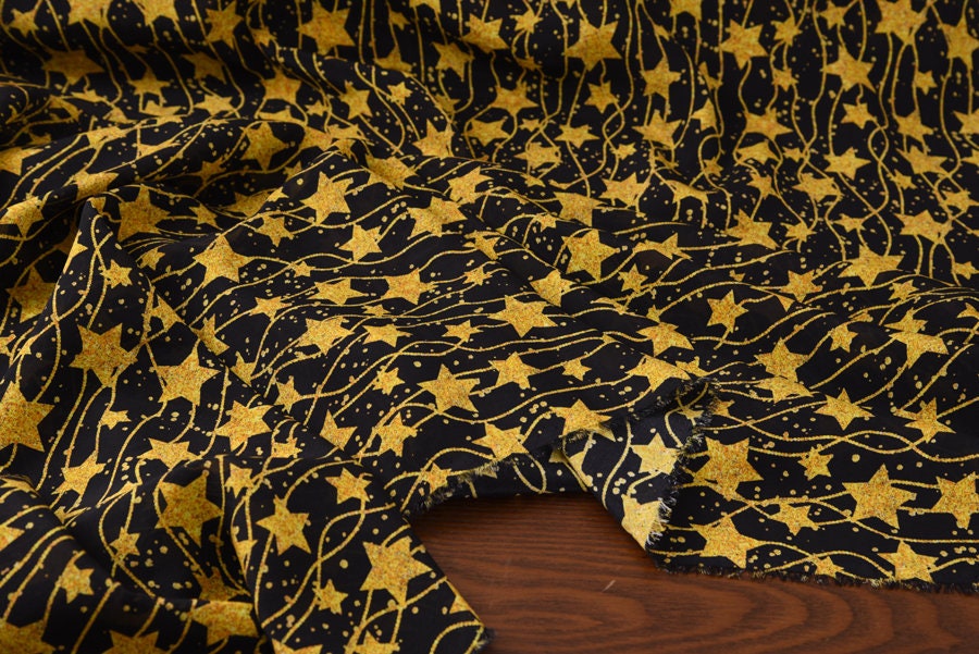 Yellow Stars Print 100% Pure Silk Fabric Black Crepe De Chine - Etsy