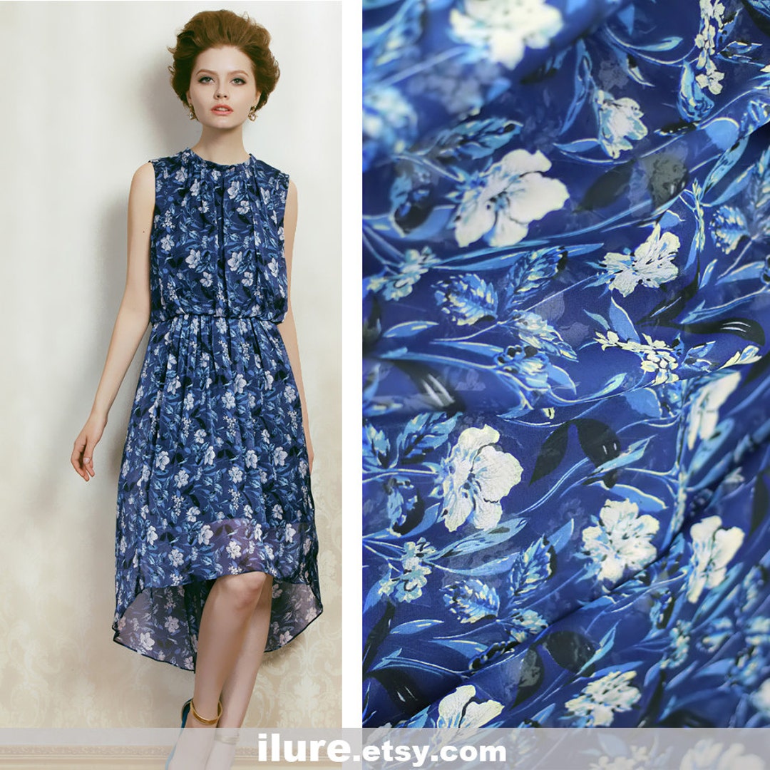 White Small Floral Print Blue 100 Silk Chiffon Fabric for Summer Width 53 Inch Etsy