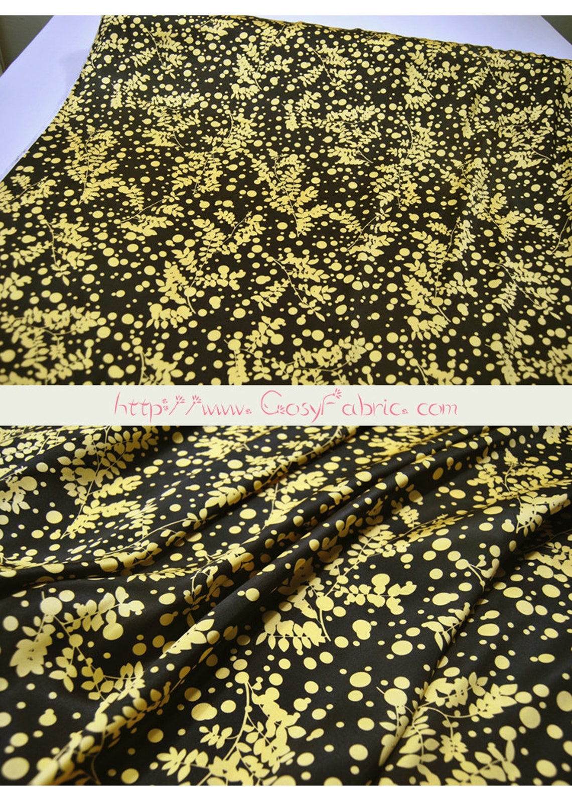 Leaf Leaves Polk Dot Print Black 100% Silk Charmeuse Fabric Gold ...
