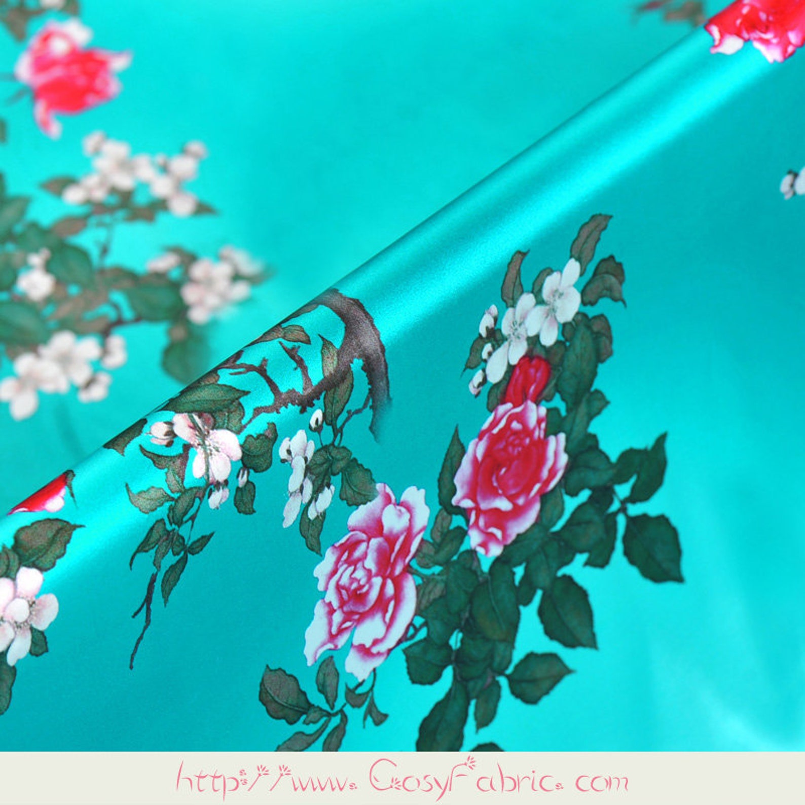 Floral Print Cyan Stretch Silk Satin Fabric by the Yard for | Etsy