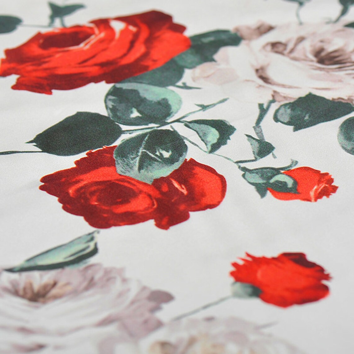 Large Rose Floral Print White Stretch Silk Satin Fabric by the Yard ...