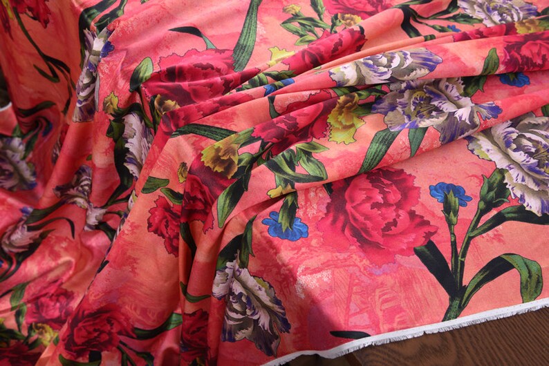 Floral Print Red Stretch Silk Satin Fabric Flowering Tree Printed ...