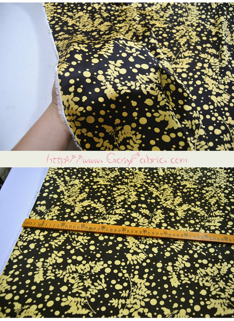 Leaf Leaves Polk Dot Print Black 100% Silk Charmeuse Fabric Gold ...