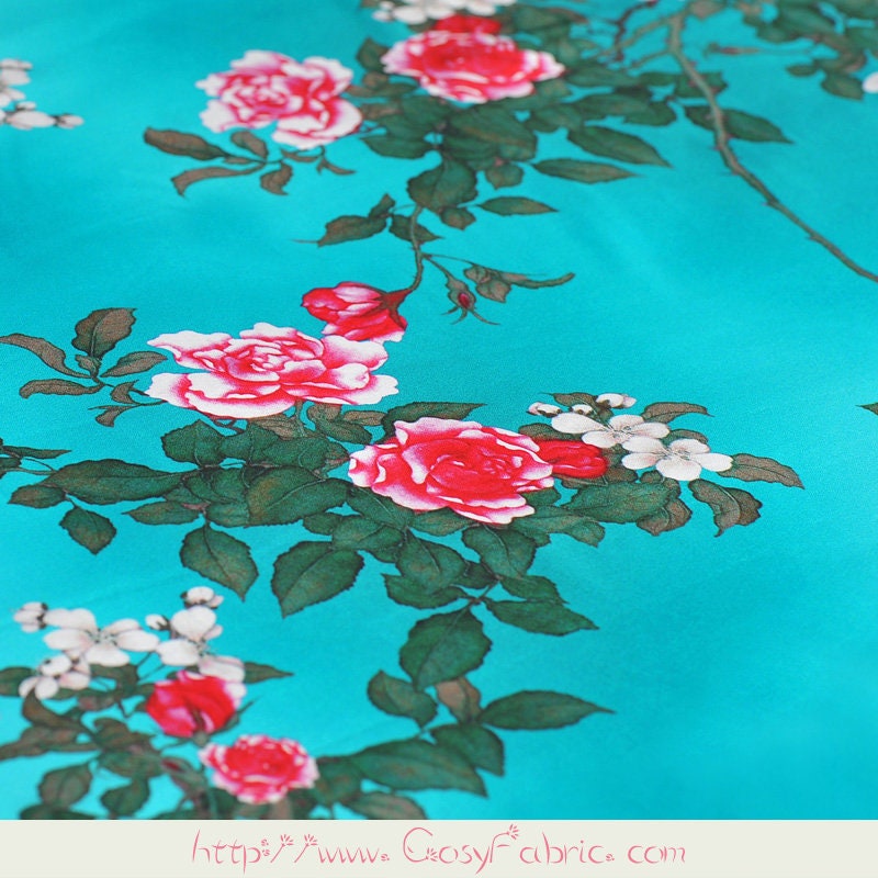Floral Print Cyan Stretch Silk Satin Fabric by the Yard for | Etsy