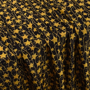 Yellow Stars Print 100% Pure Silk Fabric Black Crepe De Chine Fabrics ...