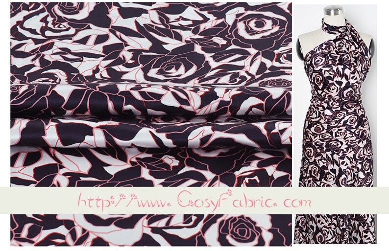 Rose Black Floral Print Stretch Silk Satin Fabric Cloth - Etsy