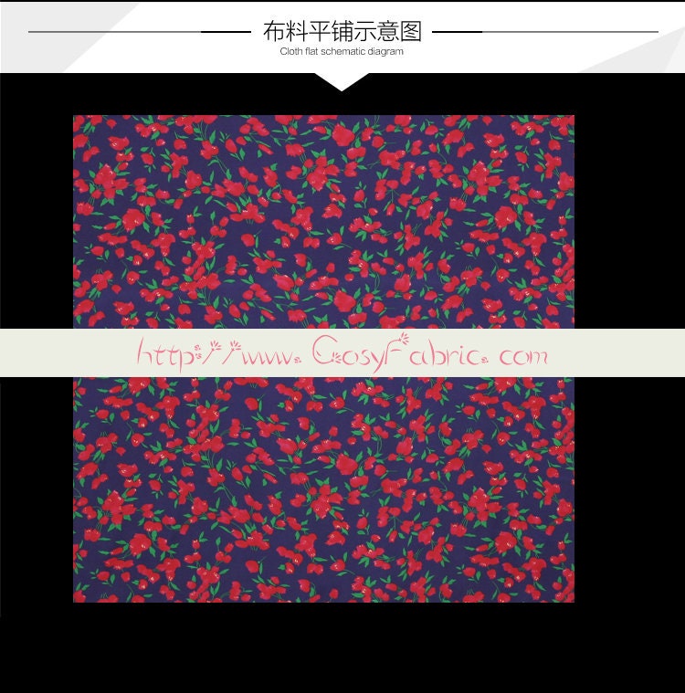 Red Small Floral Print Navy Blue Stretch Silk Satin Fabric Width 46 ...