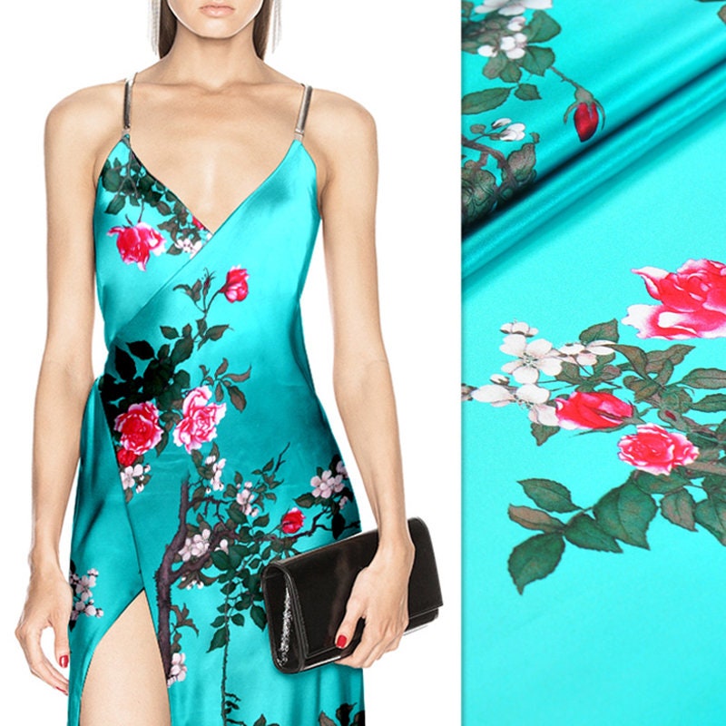 Floral Print Cyan Stretch Silk Satin Fabric by the Yard for | Etsy