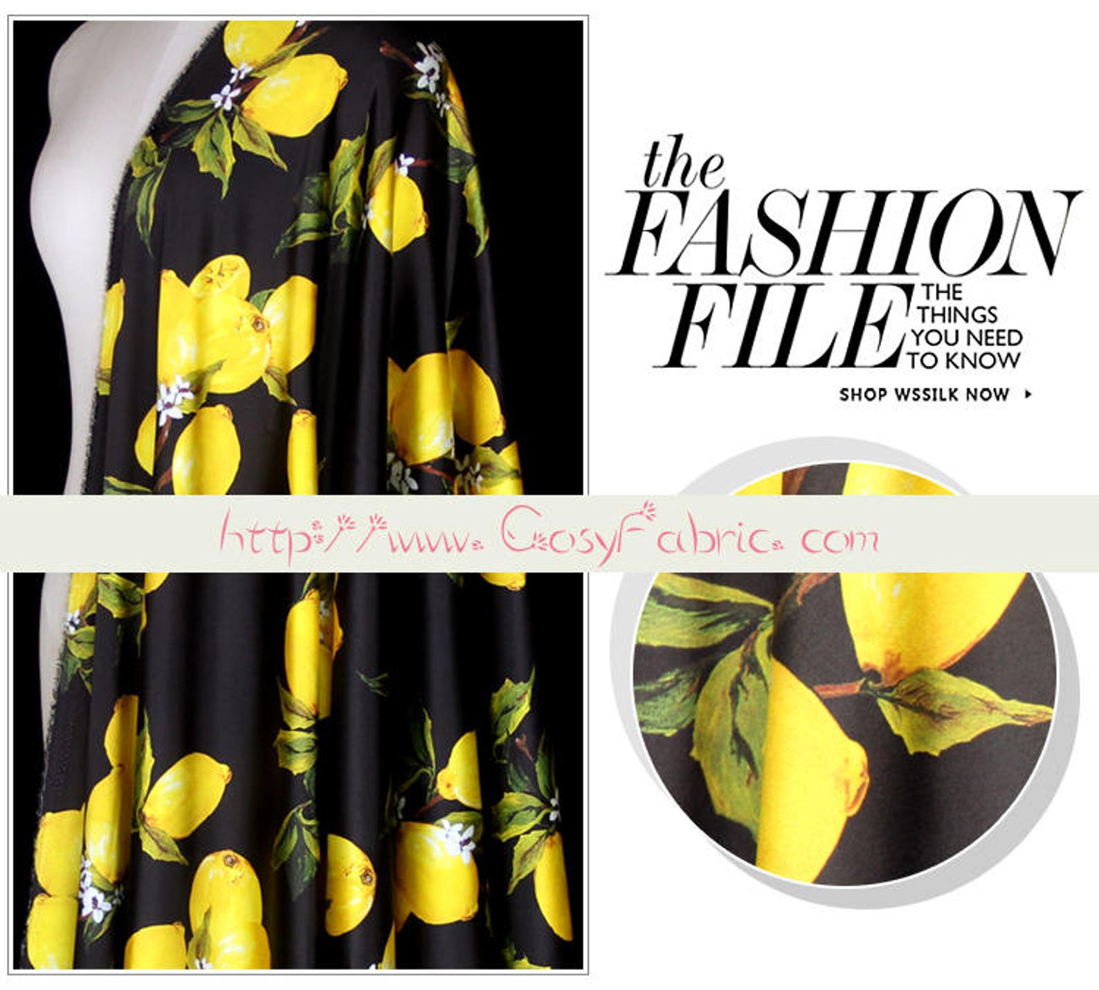 Lemon Fruit Print Stretch Silk Satin Fashion Apparel Fabric Width 46 ...