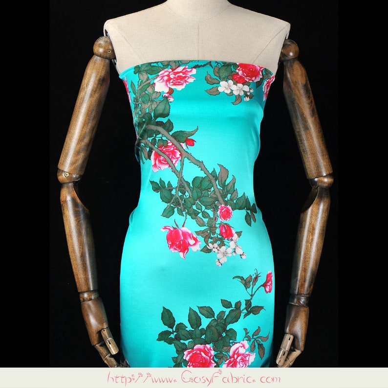 Floral Print Cyan Stretch Silk Satin Fabric by the Yard for - Etsy