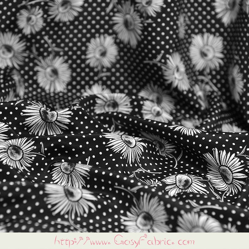 Daisy Floral Tiny Polka Dots Print Black Silk Fabric Printed - Etsy